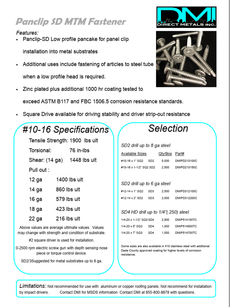 DMI Panclip SD MTM 2015 Line Specifications | PDF | Screw | Metals