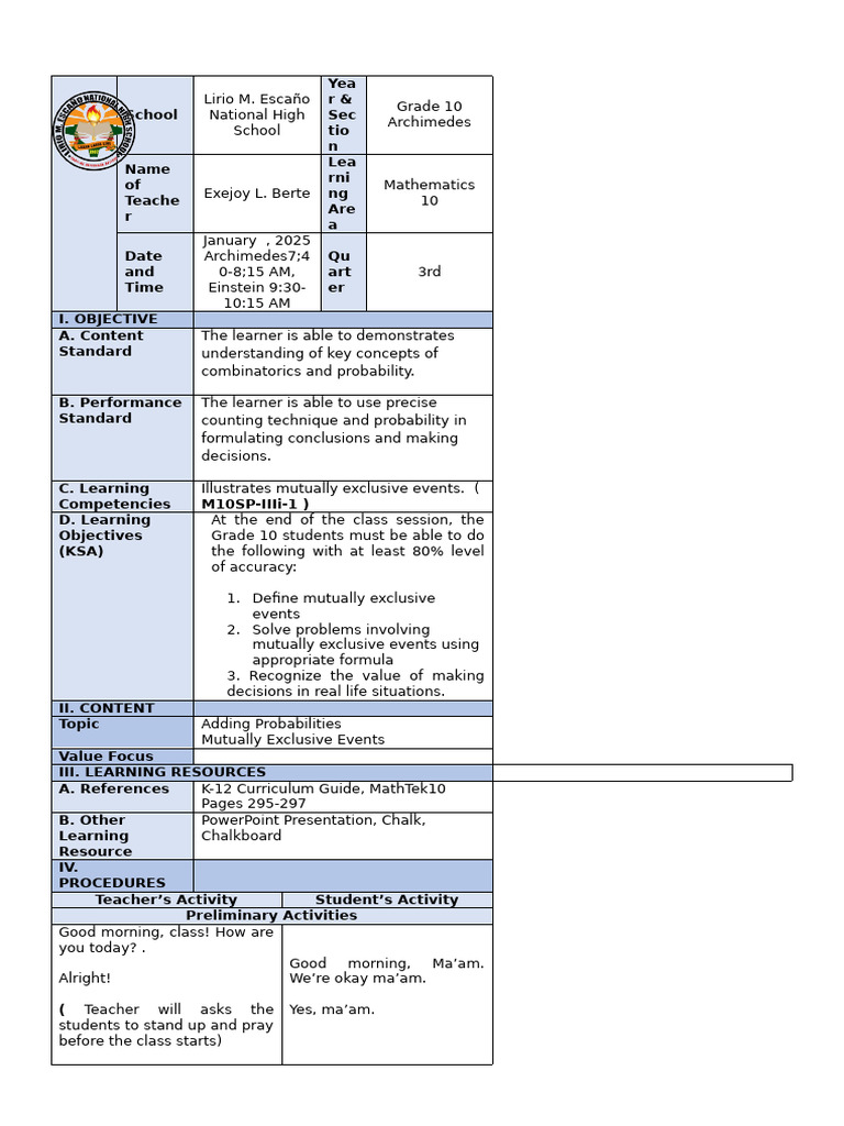 Lesson Plan For Pre Demo Thursday Mutually Exclusive Events | PDF | Probability