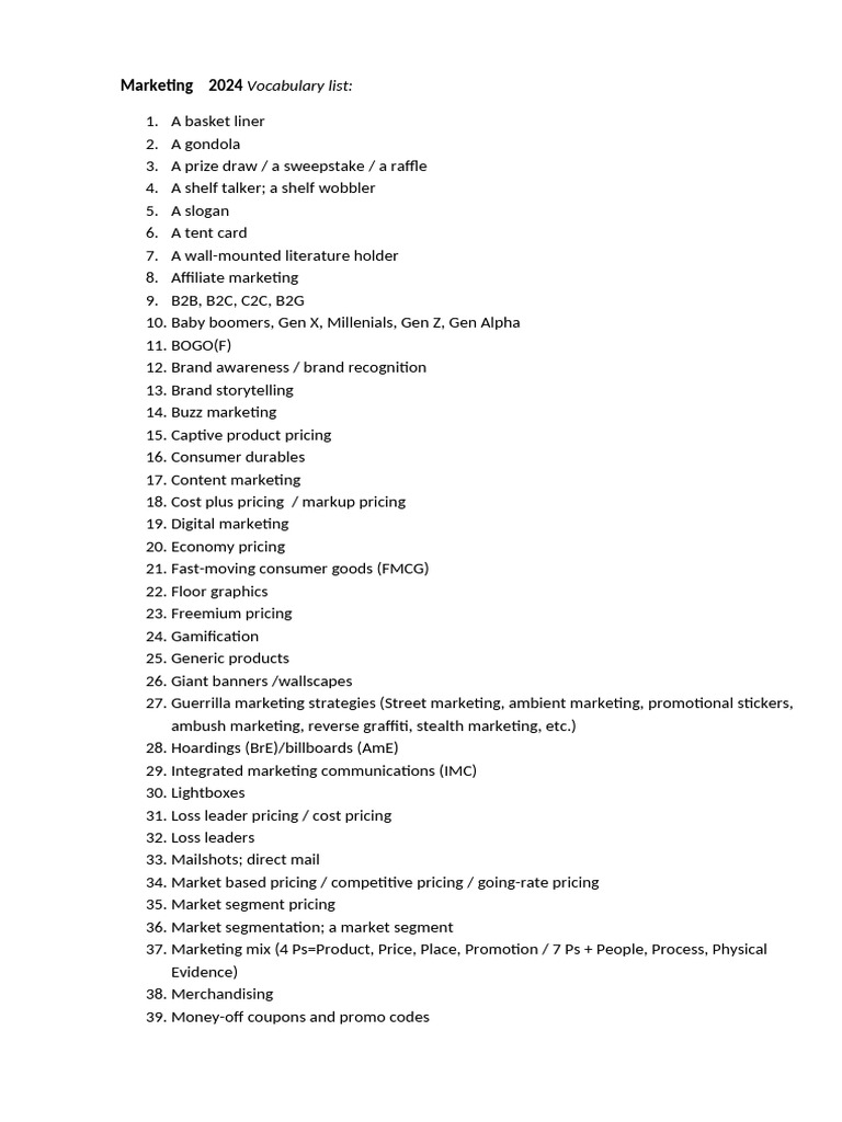 2024 Marketing Vocabulary Guide | PDF | Marketing | Pricing