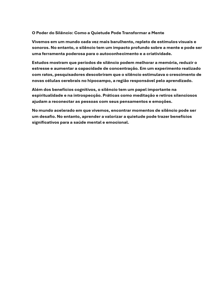 O Poder Do Silêncio Como A Quietude Pode Transformar A Mente Pdf