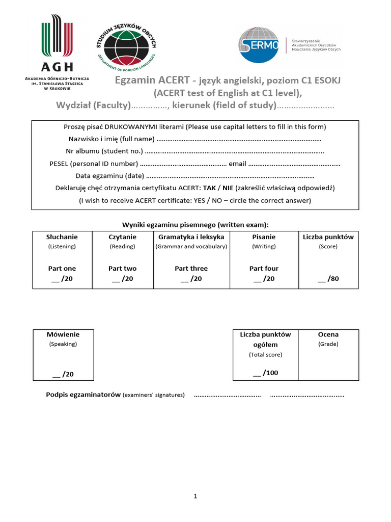 ACERT C1 English Exam Registration Form | PDF | Evolution | Artificial ...