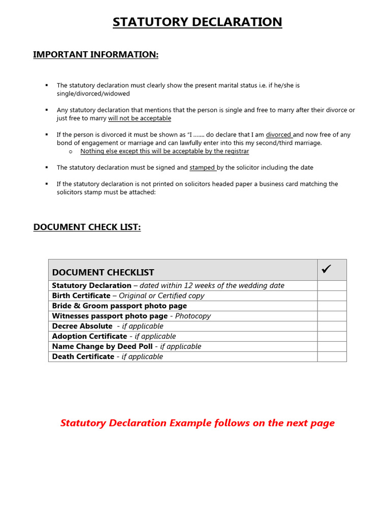 Documents & Statutory Declaration Example - UK Passport Holders | PDF ...