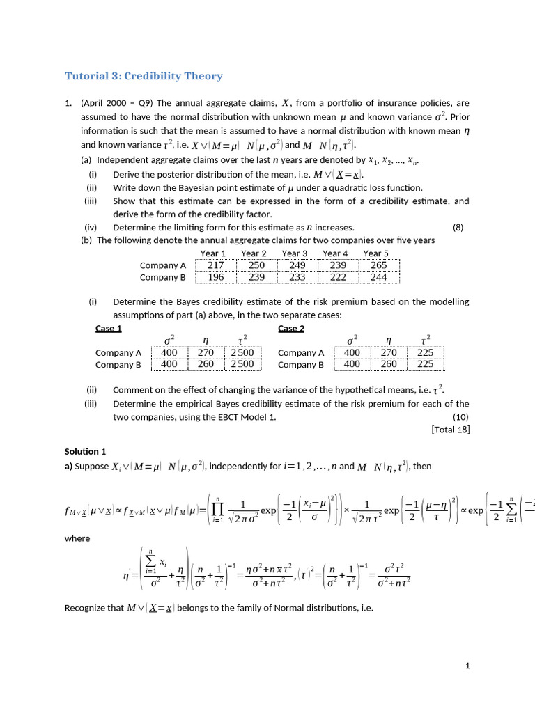 Credibility Theory (Tutorial Problem Set) | PDF | Statistical Analysis ...