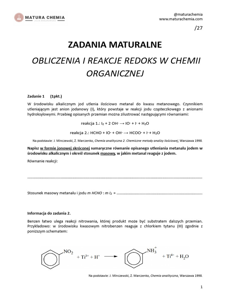 ZADANIA MATURALNE Obliczenia I Reakcje Redoks W Chemii Organicznej | PDF