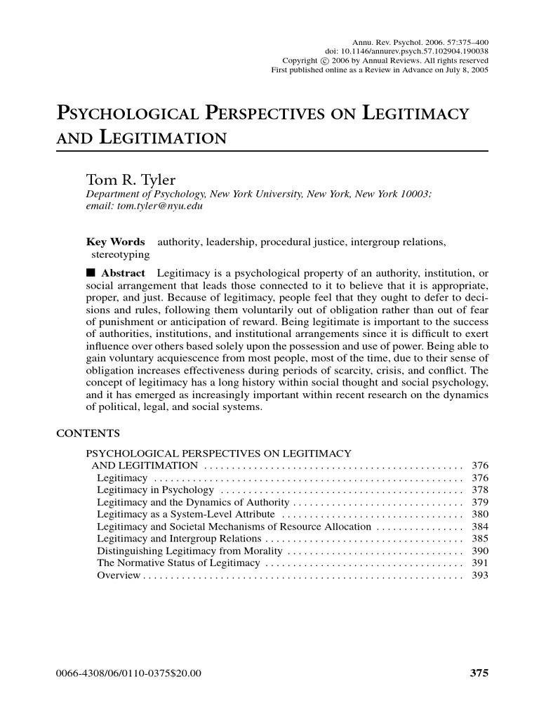 Psychological Perspectives On Legitimacy and Legitimation - T. R. Tyler ...