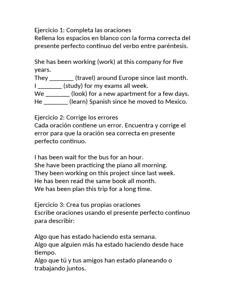 Ejercicios de Presente Perfecto Continuo | PDF
