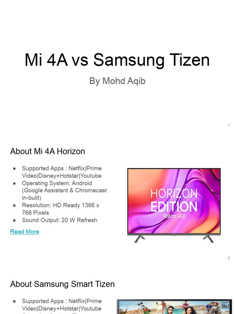 Mi 4A Vs Samsung Tizen: by Mohd Aqib | PDF