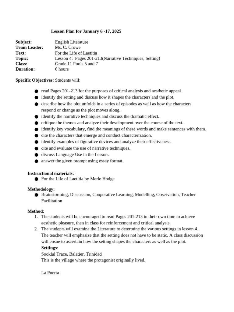 Analyzing Narrative in Laetitia's Life | PDF | Narrative | Lesson Plan