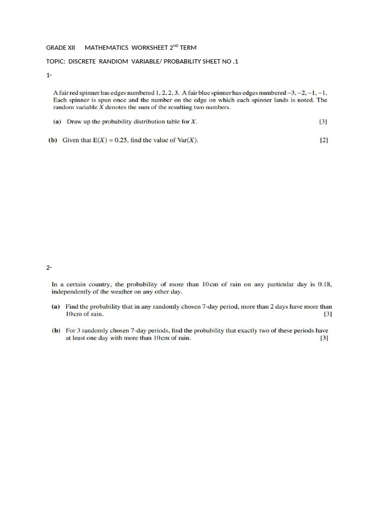 Grade Xii Mathematics Worksheet 2nd Term Dcrv | PDF
