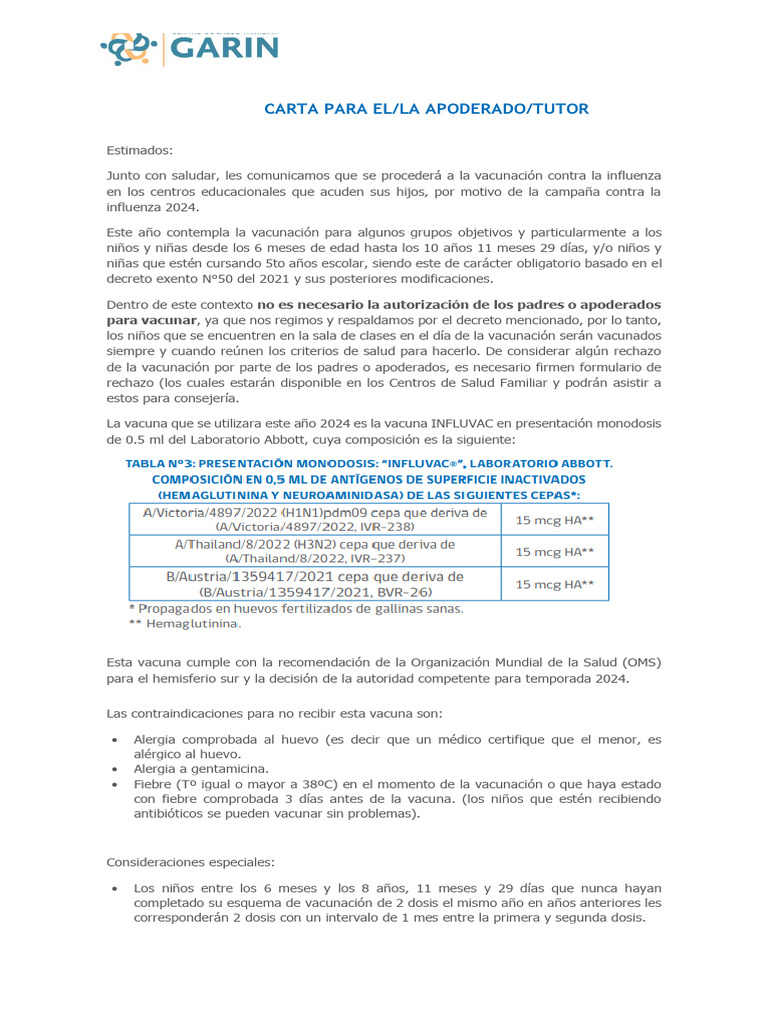 Carta Informativa Apoderados Influenza 2024 | PDF | Vacunación | Influenza