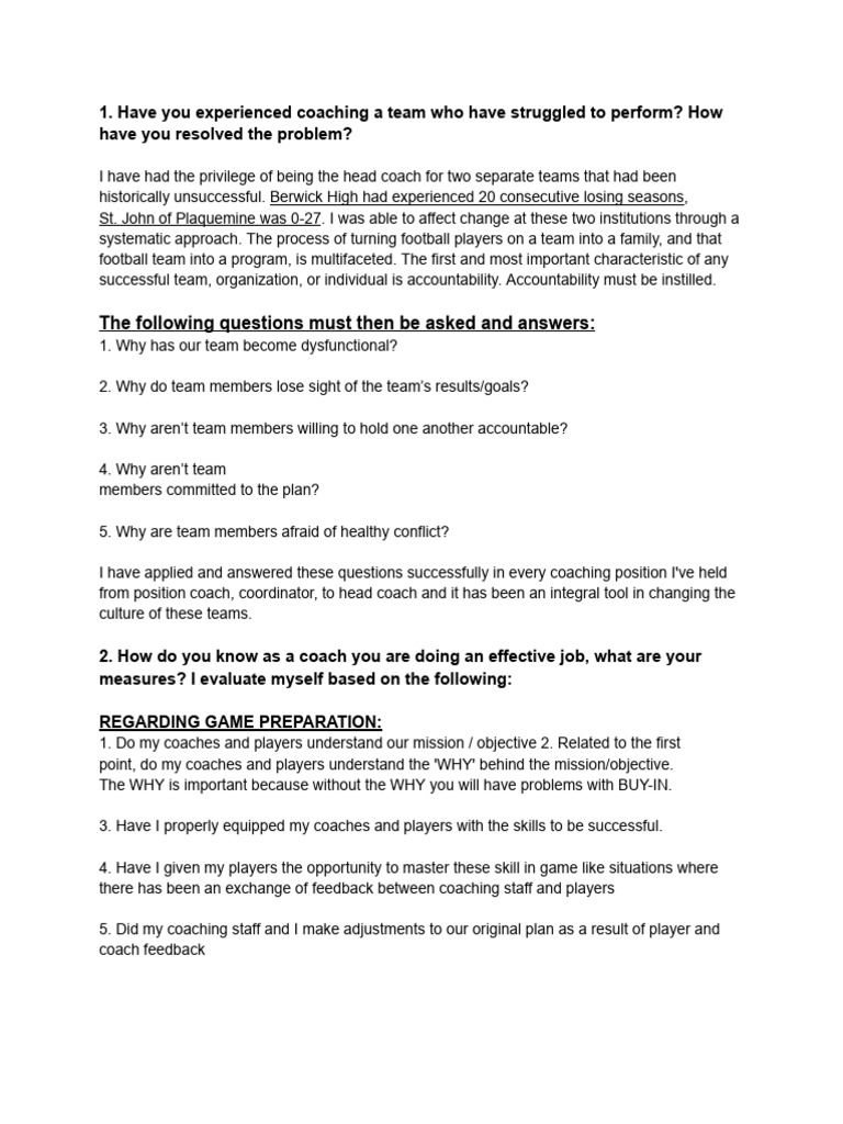 2024 Head Coaching Interview Questions | PDF