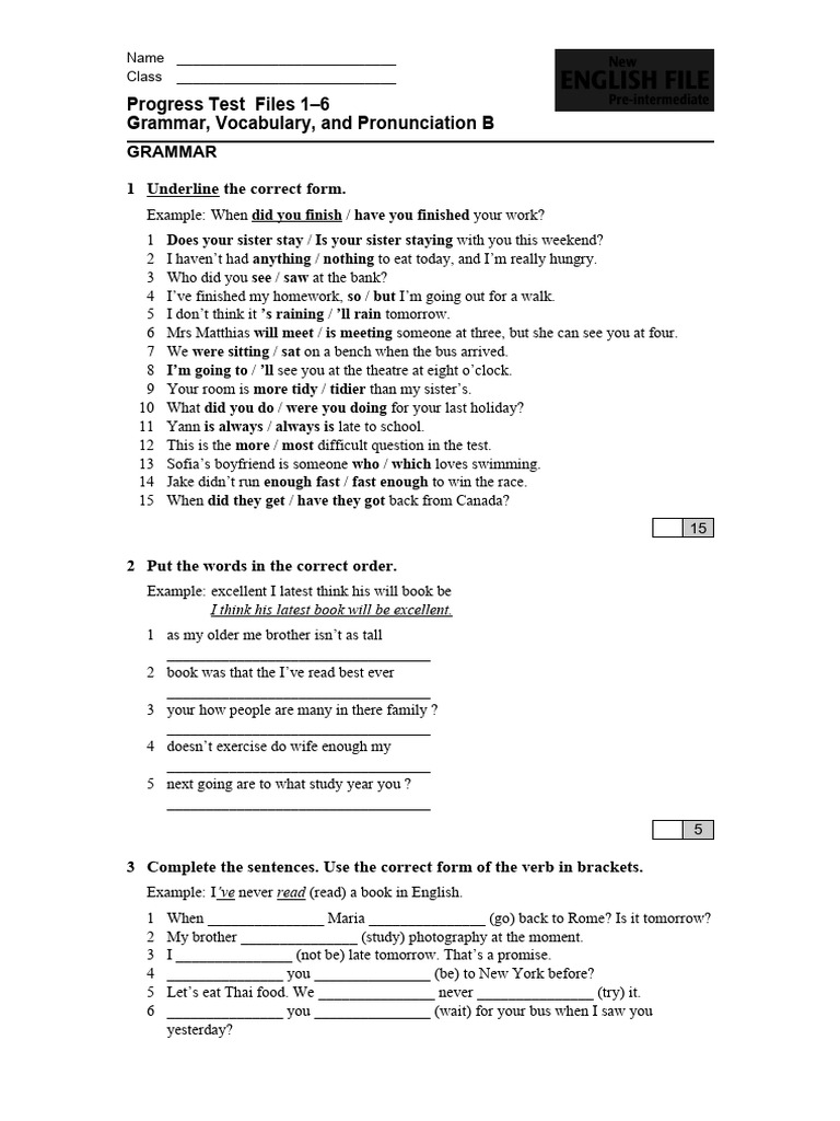 Progress Test Files 1 6 Grammar Vocabulary and Pronunciation B PDF Free ...