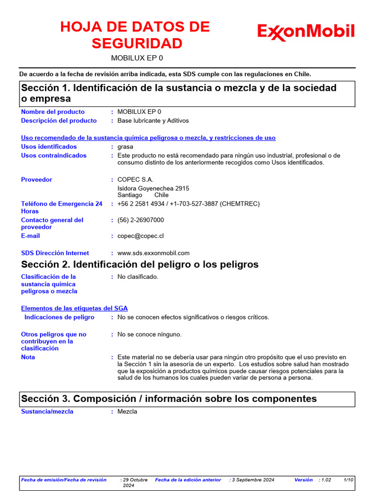 Hoja de Seguridad Mobilux EP 0 | PDF | Química