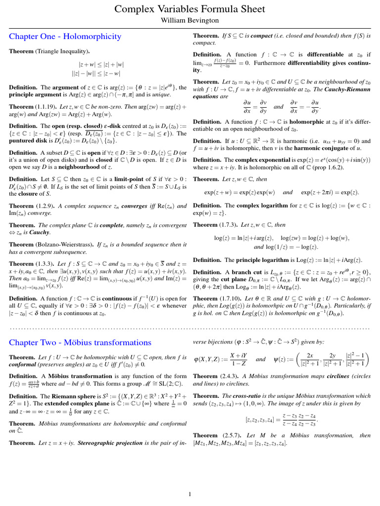 Complex Variables Formula Sheet | PDF | Holomorphic Function | Power Series