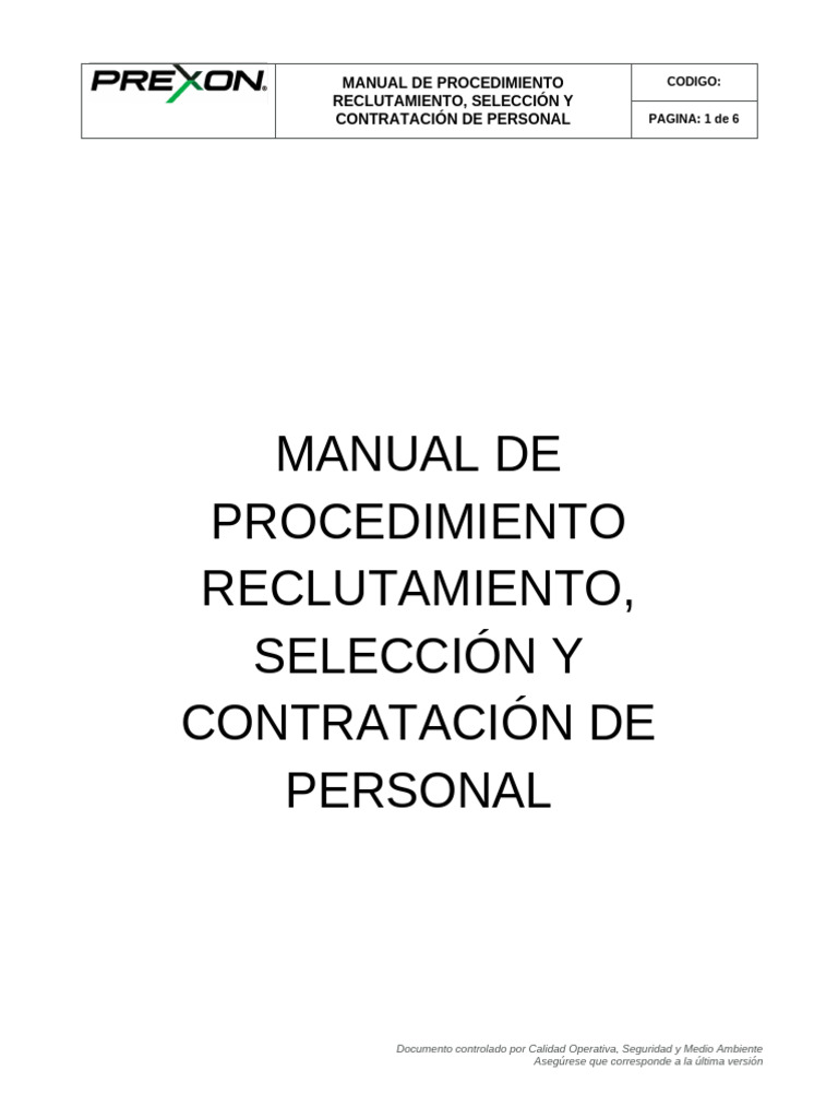 M-003-RV001 Manual de Procedimiento Reclutamiento, Selección y Contratación de Personal | PDF ...