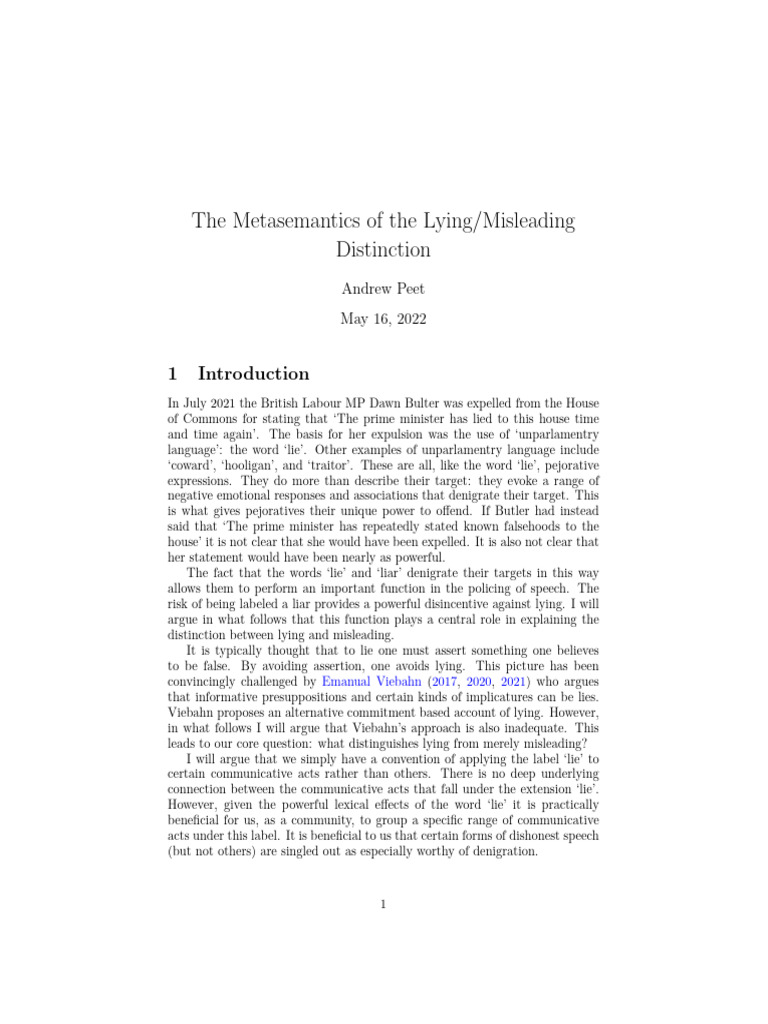 Peet - The Metasemantics of The Lying-Misleading Distinction | PDF | Lie | Deception
