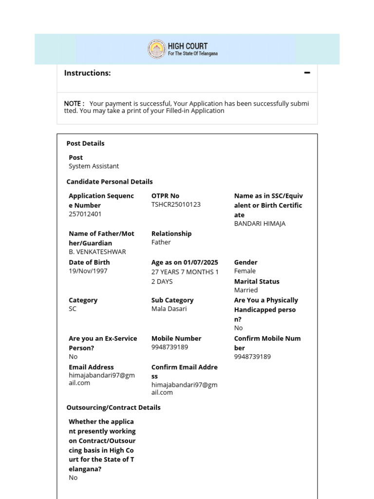 TSHC System Assistant Application Form 2025 | PDF