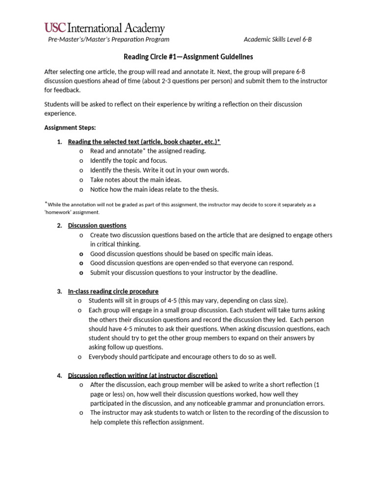 Reading Circle Assignment Guide | PDF | Thesis | Cognition