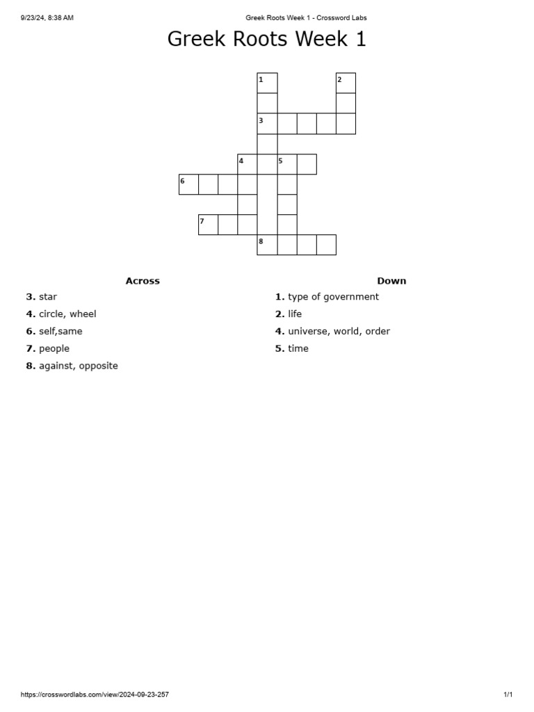 Greek Roots Crossword Puzzle 1 | PDF