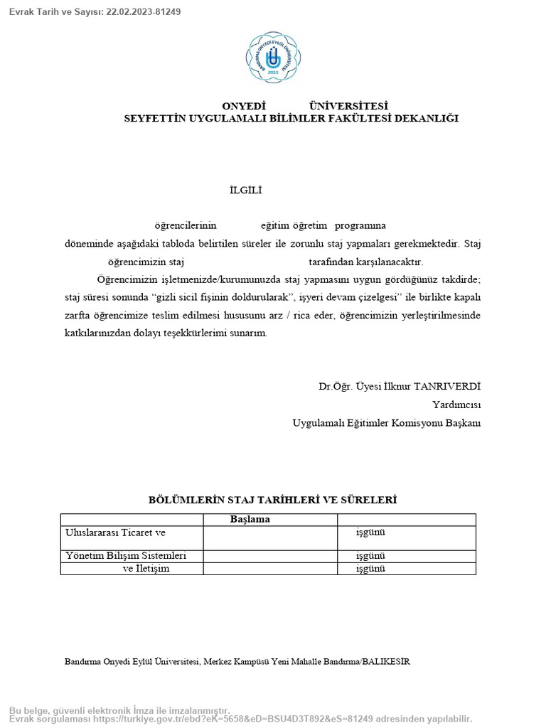 Zorunlu Staj Belgesi 17 - 07 Tarihli (2023) | PDF