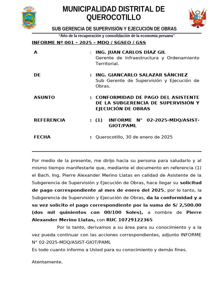 INFORME N° 001 -2025 - PAGO DE ASISTENTE (PIER) | PDF