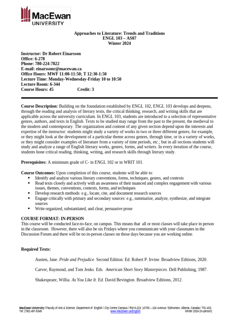 ENGL 103 AS07 Course Outline | PDF | Academic Dishonesty | Academic ...