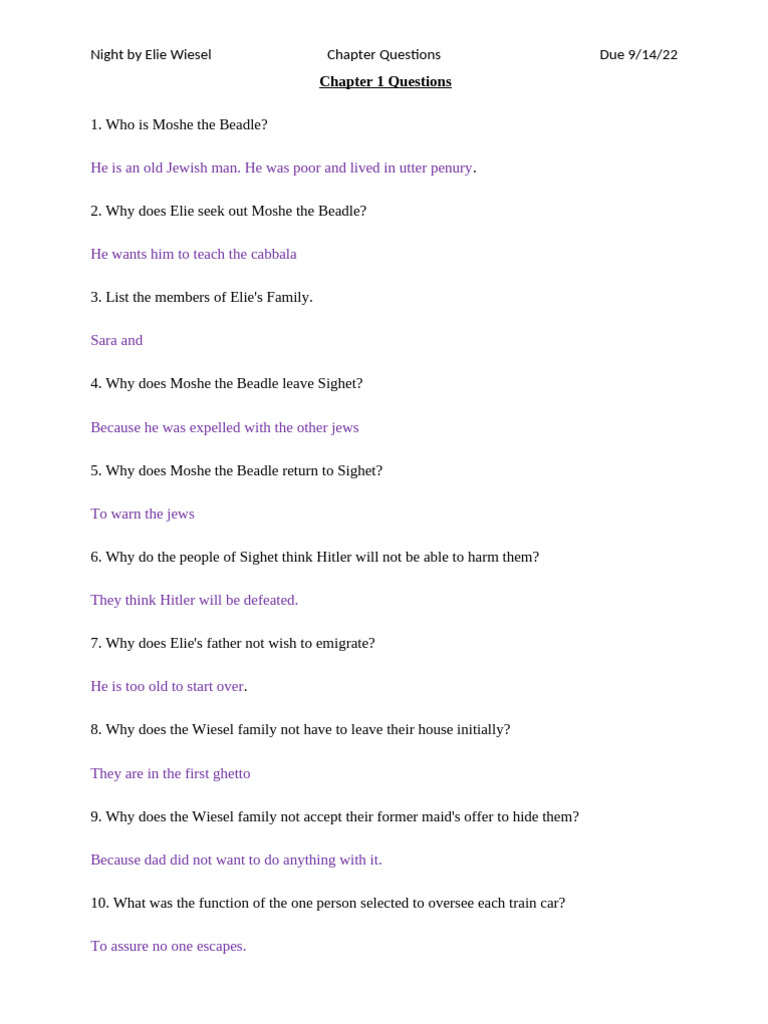 Night by Elie Wiesel: Chapter 1 Questions | PDF