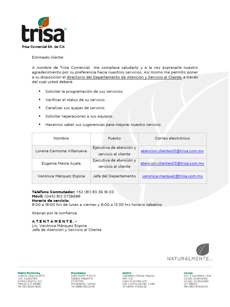 Directorio de Atención y servicio al cliente (MTY) | PDF