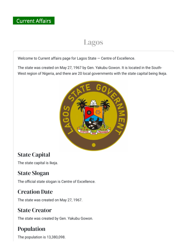 Lagos State Overview and Current Affairs | PDF