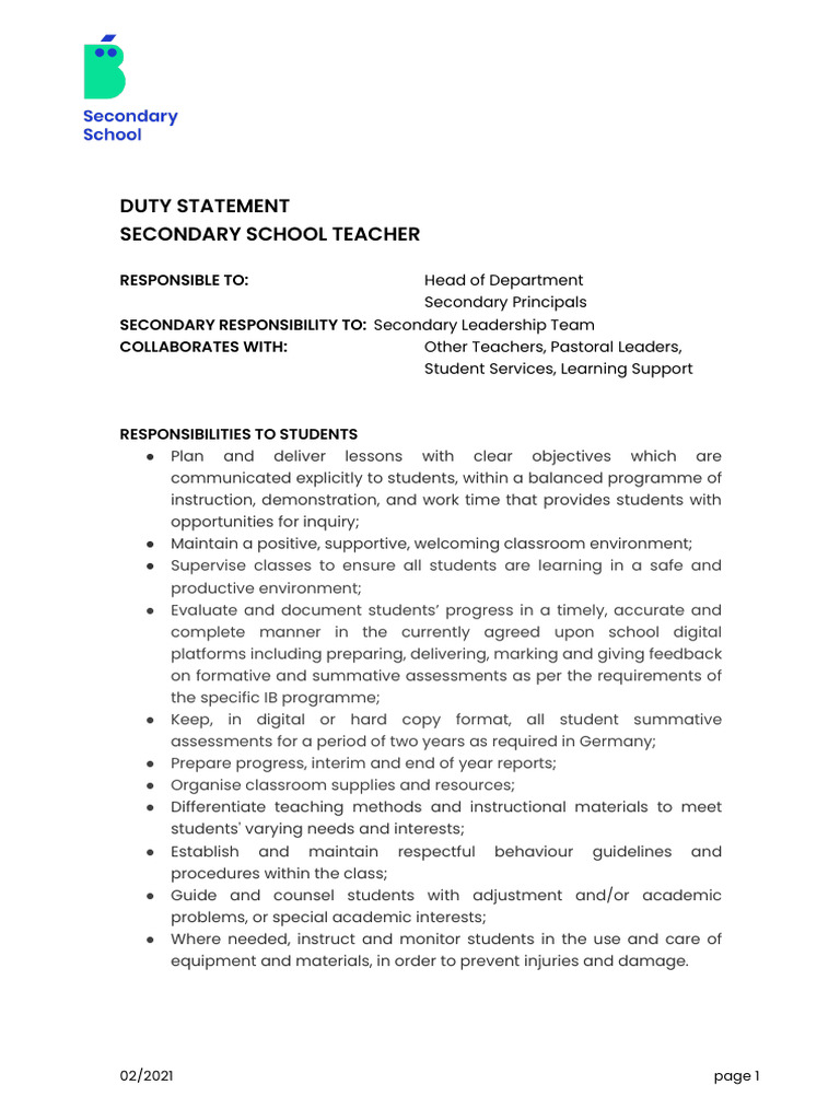Secondary School Teacher Duty Statement | PDF | Teachers | Human ...