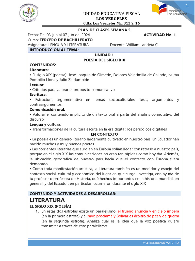 PLAN DE CLASES 3ro. Semana 5 | PDF