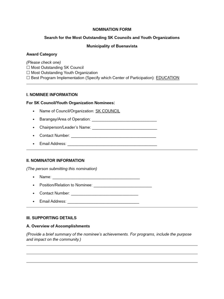 Nomination Form for Outstanding SK Councils | PDF