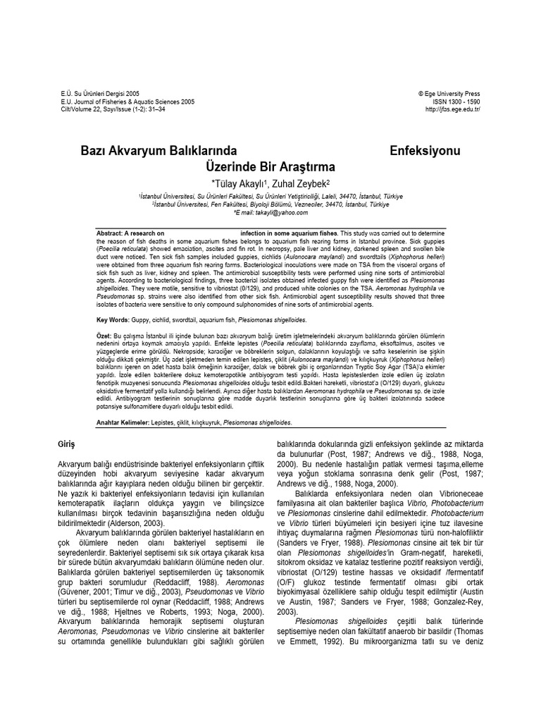 Baz Akvaryum Bal Klar Nda Plesiomonas Shigelloides Enfeksiyonu Zerinde Bir Ara T Rma. (#68046 ...