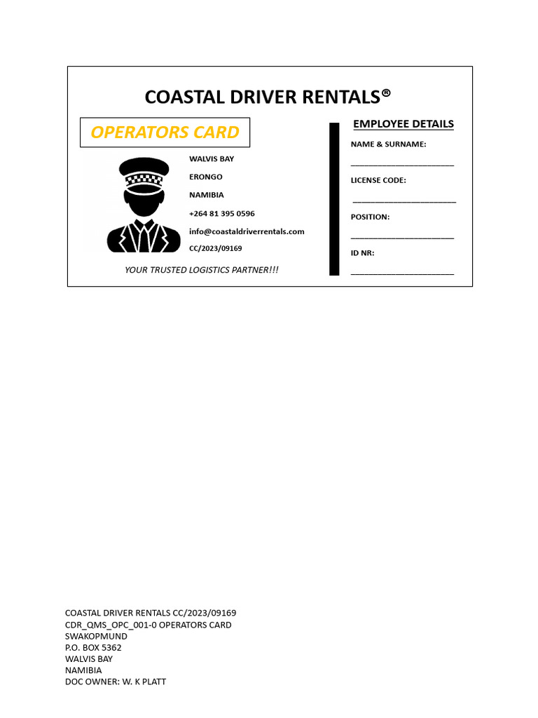 CDR - QMS - Ops - 001-0 Operators Card | PDF