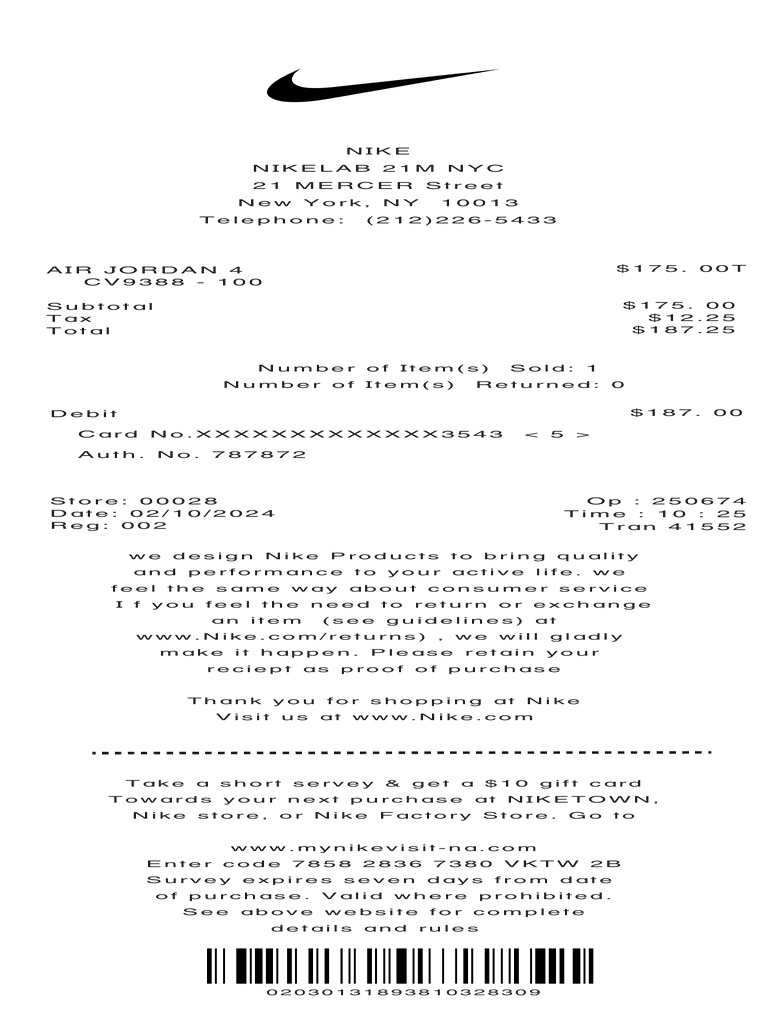 Nike Purchase Receipt & Survey Offer | PDF