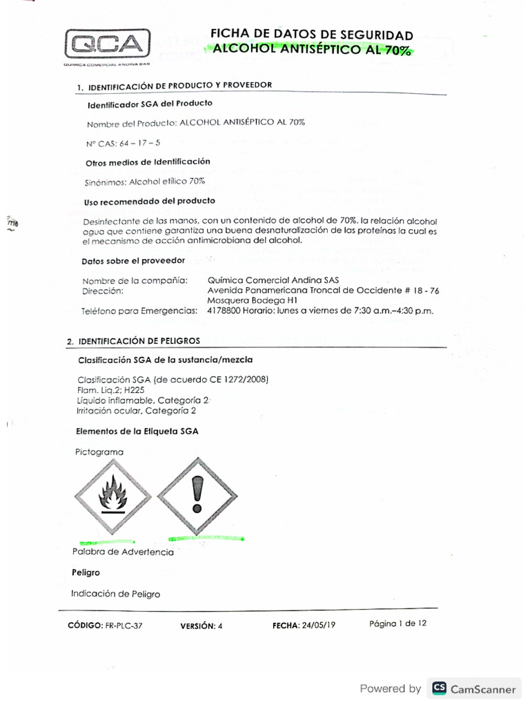 HDS - Alcohol Antiséptico Al 70% | PDF