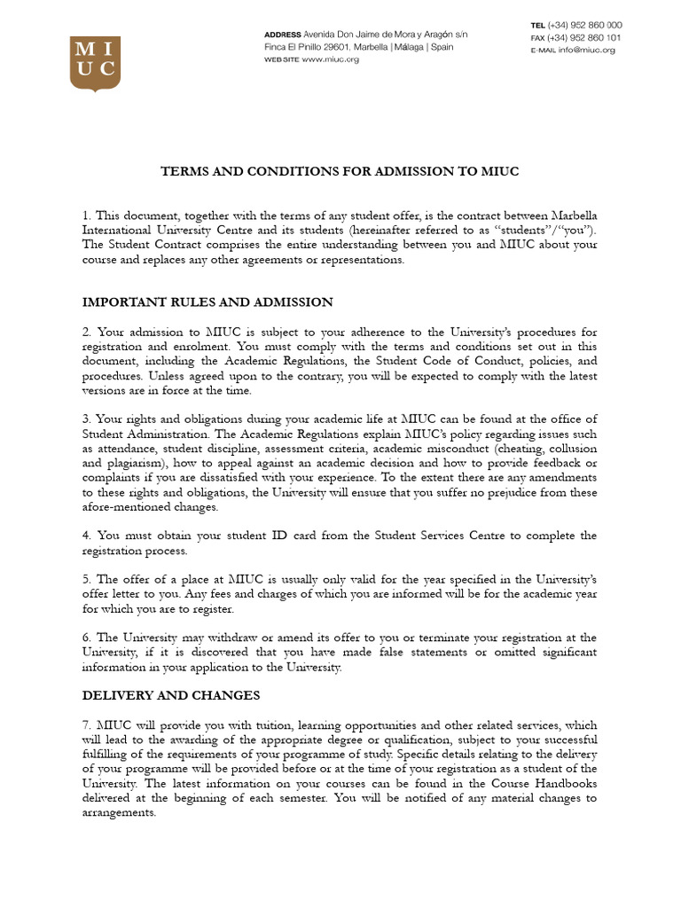MIUC Terms and Conditions | PDF | Bachelor's Degree | Academic Degree