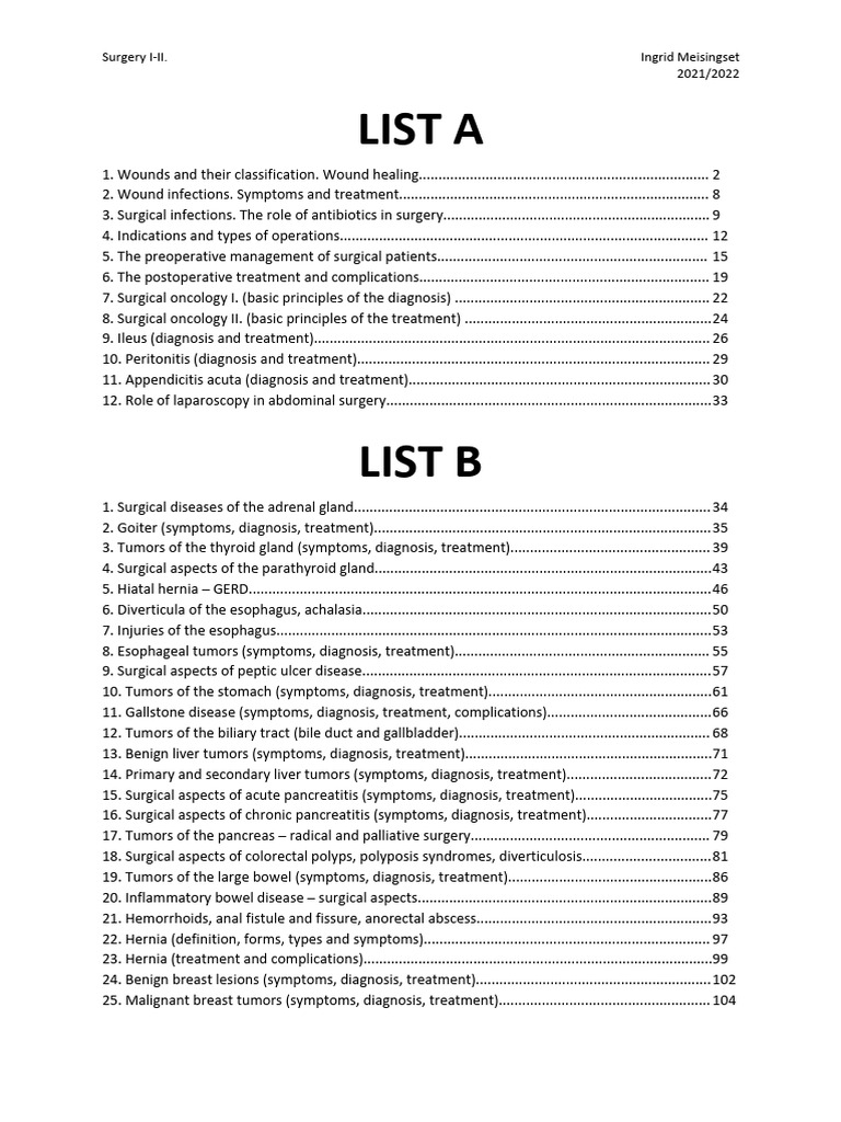Surgery Topic List (Ingrid Meisingset) | PDF | Wound Healing | Wound