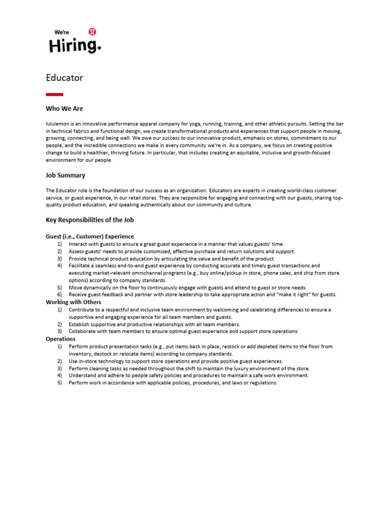 lululemon Educator Job Description | PDF | Employee Benefits | General ...
