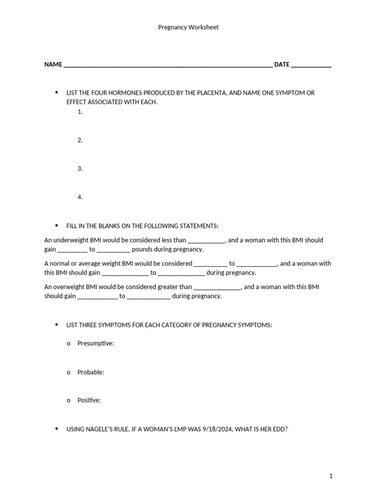 Pregnancy Worksheet | PDF | Pregnancy | Human Pregnancy