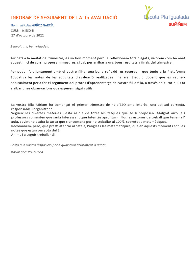 0 Plantilla de Seguiment de La 1a Avaluaci ESO Batxillerat 20221027 110826 | PDF