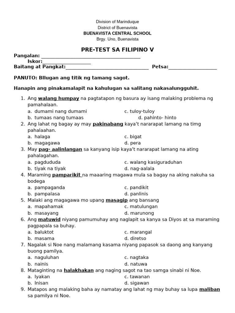 Pre - Test Filipino 5 | PDF
