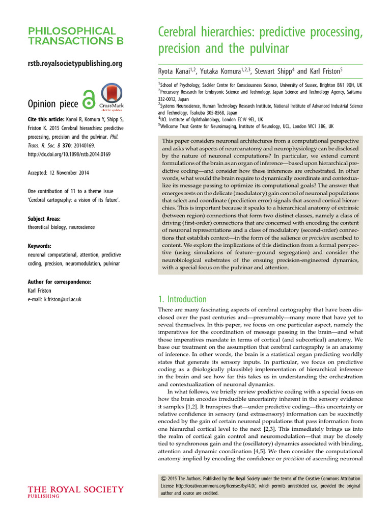 Kanai Et Al 2015 Cerebral Hierarchies Predictive Processing Precision and The Pulvinar | PDF ...
