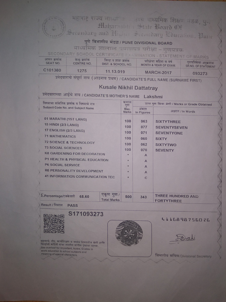 marksheet 10th | PDF | Qualifications | Educational Stages