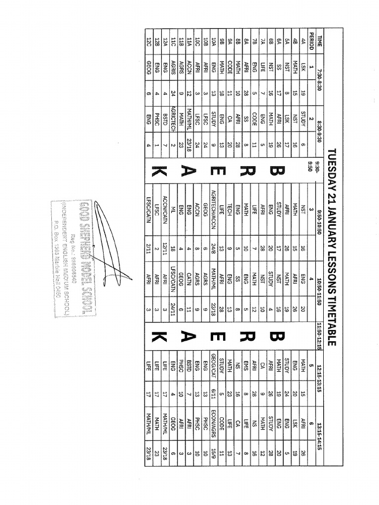 Tuesday Timetable | PDF