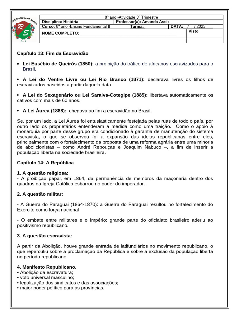 8º Ano - Atividades - CAP - 13 e 14 - 3º TRimestre - 2023 | PDF | Brasil | Escravidão