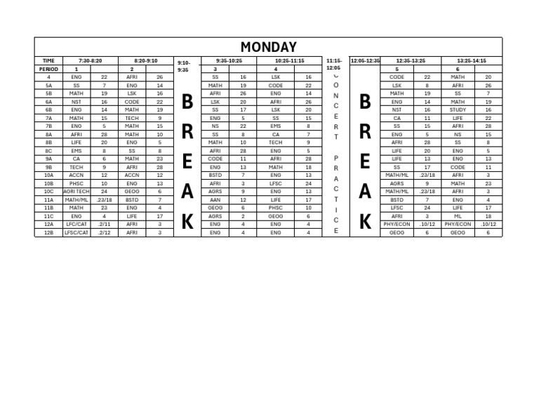 Revised Monday Timetable | PDF