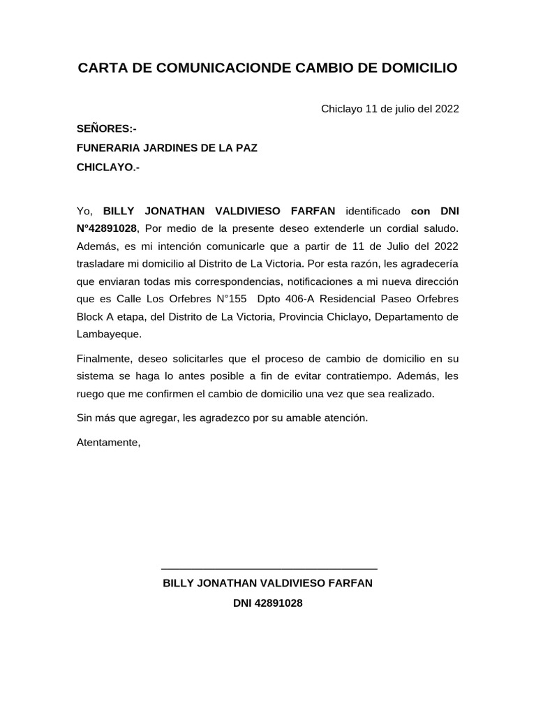 CARTA DE COMUNICACION DE CAMBIO DE DOMICILIO Modelo | PDF