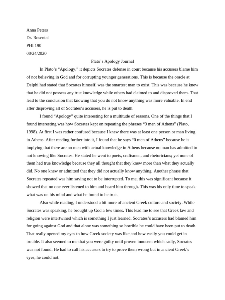 Insights from Plato's Apology Journal | PDF | Apology (Plato) | Socrates