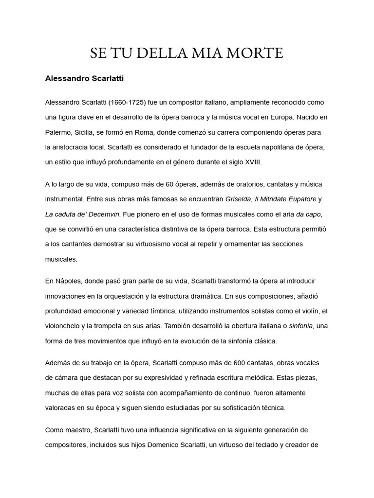 SE TU DELLA MIA MORTE (treball) | PDF | Musica barroca | Ópera